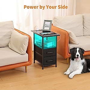 LAKEMID Narrow Side Table Set 2 with LED Light and USB C Port, Night Stand with Charging Station, Skinny End Table with 2 Fabric Drawers, for Bedroom, Living Room, Black