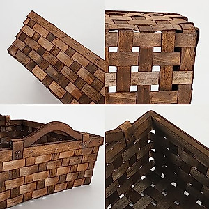 Rectangular Wooden Basket, Natural Hand Woven Storage Basket with Handles for Sundries Toys Fruits (Dark Brown)