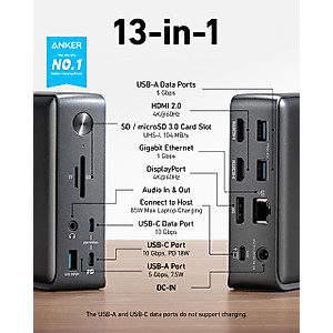 Anker Docking Station, Anker 575 USB-C Docking Station (13-in-1), Triple Display, 4K HDMI, 10 Gbps USB-C and 5 Gbps USB-A Data, 85W Charging for Laptop, 18W Charging for Phone, Ethernet, Audio, SD 3.0