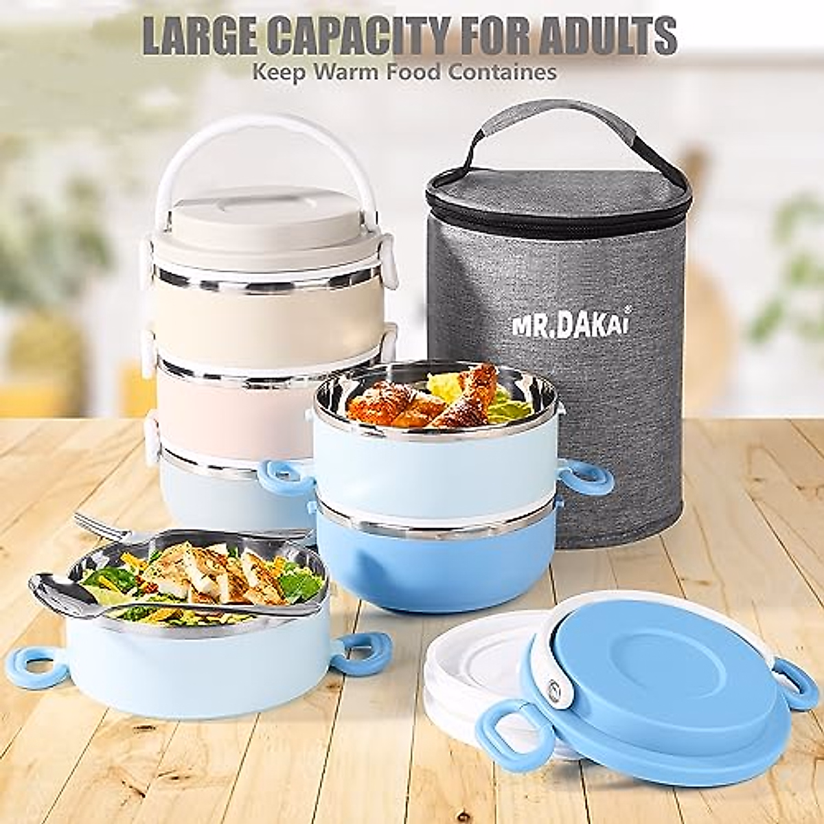 Mr.Dakai Hot Bento Box Adult Lunch Box with Utensils, Large Bento Box Stackable Thermal Insulated Electric Lunchbox Containers for Adults, Portable Heater Food Warmer for Dining Out, Work