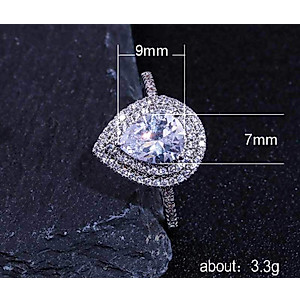 Yaya 925 Silver Classic Bridal Double Layer Drop-Shaped Zircon Ring Teardrop Halo Pear Cut Cubic Zirconia CZ Engagement Wedding Ring for Women (9#)