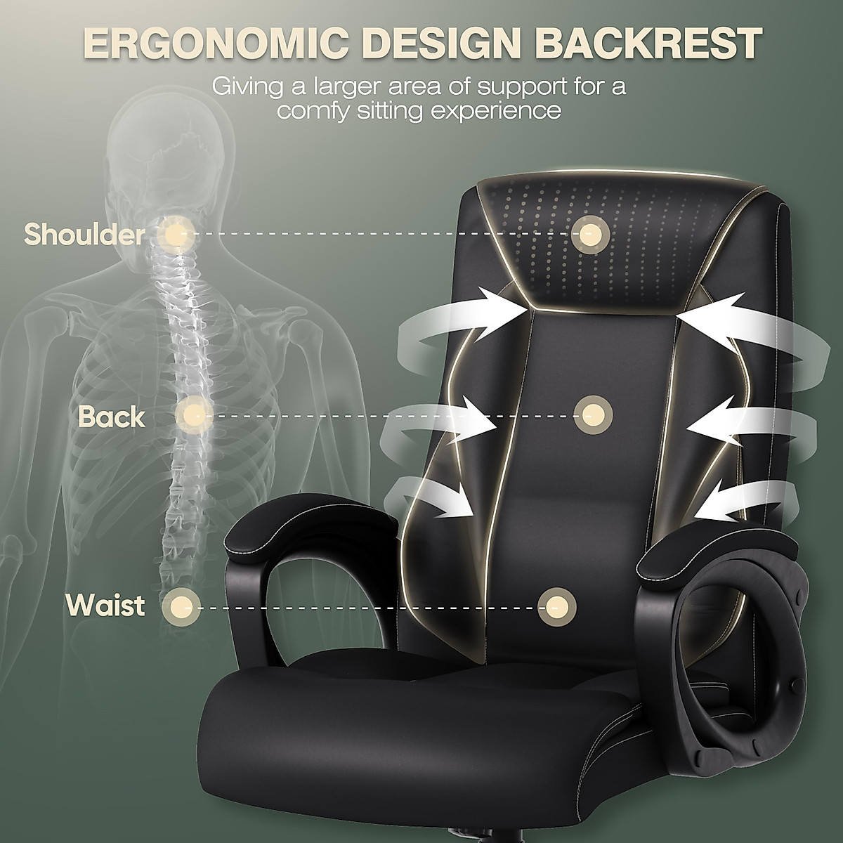 ELABEST Ergonomic Office Chair,Big and Tall Leather Office Chair,Comfortable Executive Office Chair,High Back,Computer Desk Chair, Modern Office Chair,Comfy Office Chair with Padded Armrests, Black