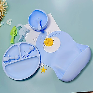 Silicone Baby Plate Feeding Bowl Set 6 Pack Feeding Supplies For Toddler Utensils Silicone Feeding Set With Bib, Spoons, Bowl, Baby Plate Dishwasher-safe Feeding Kit (set-red)