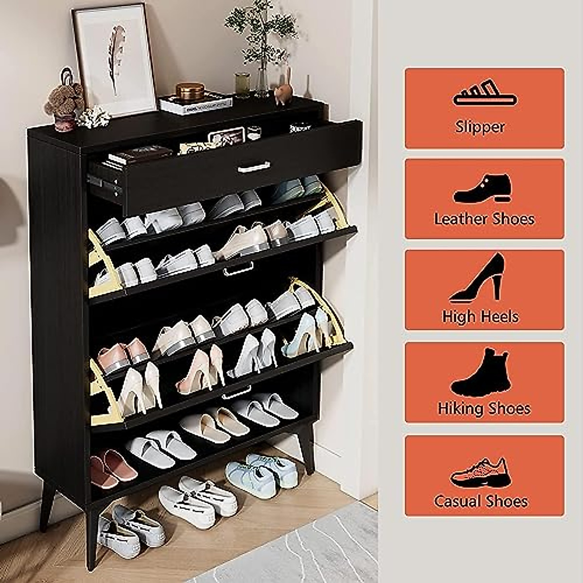 ME2 Shoe Cabinet for Entryway with 1 Slide Drawer & 2 Flip Drawers, Freestanding Shoe Rack Storage Organizer Cabinet(Black)