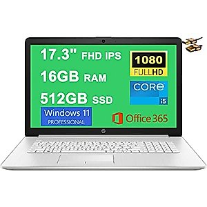 HP 17 Business Laptop 17.3" FHD IPS (300 nits, 100% sRGB) 11th Gen Intel Quad-Core i5-1135G7 (Beats i7-1065G7) 16GB RAM 512GB SSD Intel Iris Xe Graphics Office365 Win11Pro Silver + HDMI Cable
