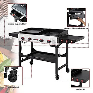 Royal Gourmet GD403 4-Burner Portable Flat Top Gas Griddle Combo Grill with Folding Legs, 48,000 BTU, for Outdoor Cooking While Camping or Tailgating, Black & Silver