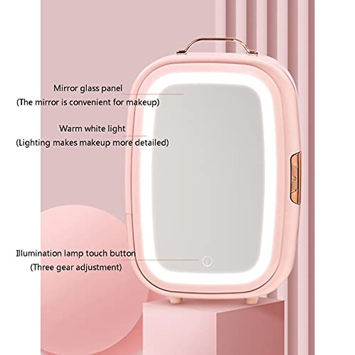 Doodran LED Mirror Beauty Mini Refrigerator for Bedroom Portable Compact Makeup Fridge to Skin Care Cosmetics Chill Perfect for Girls Woman,Pink