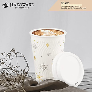 [100 SET]Harvest Pack 12 oz Christmas Coffee Cups, White Snowflake Winter Disposable Paper Cups, Insulated Ripple Wall Paper Cups with Lids, XMAS Gold and Silver Foil, Hot Chocolate To go