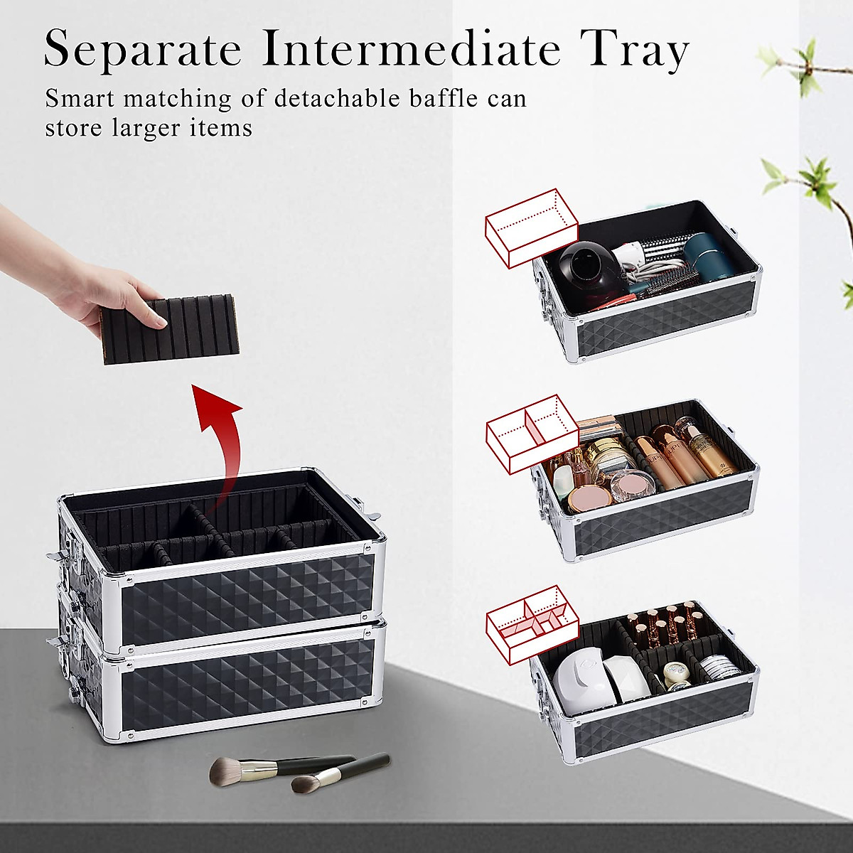 Adazzo 4 in 1 Rolling Makeup Case Cosmetic Train Case Trolley Roll Travel Box for Makeup Artist, Hairstylists, Nail Tech Makeup Cart with Key Swivel Wheels Barber Case Traveling Trunk Black