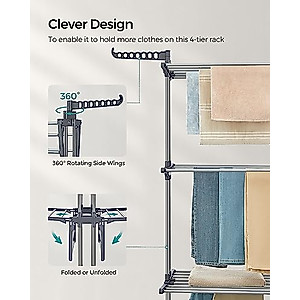 SONGMICS Clothes Drying Rack Stand 4-Tier, Foldable Laundry Drying Rack 67.7-Inch Tall, Stainless Steel, Rolling Clothes Horses Dryer Rack, Easy to Assemble, Indoor Outdoor Use, Gray ULLR701G01