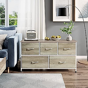 WLIVE Two 2-Drawer Nightstand and 5-Drawer Dresser Set, Fabric Dresser, Storage Organizer Unit with Fabric Bins for Closet, Living Room, Hallway, Nursery, College Dorm, Greige