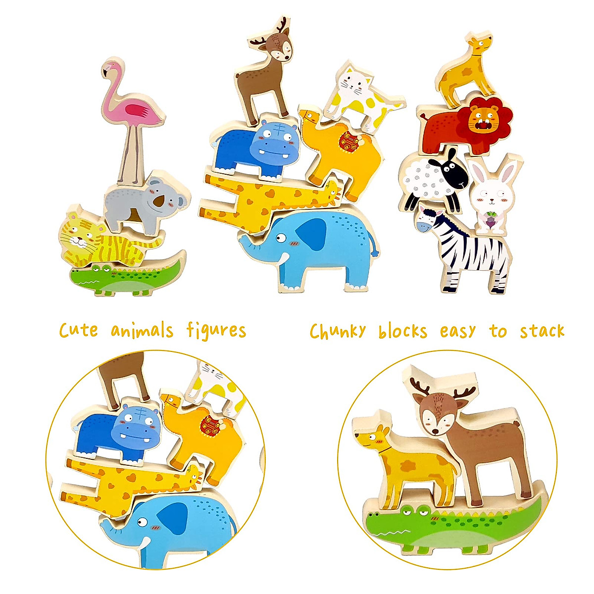 Wooden Animal Blocks Stacking and Balancing Toy, Toddler Big Wood Animal Figures Blocks, Preschool Educational Toys and Stack Balance Games for Kids