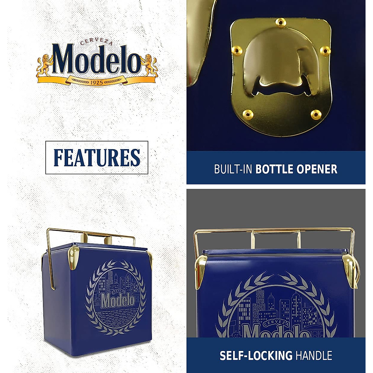 Modelo Retro Ice Chest Cooler with Bottle Opener 13L (14 qt), 18 Can Capacity, Blue and Gold, Vintage Style Ice Bucket for Camping, Beach, Picnic, RV, BBQs, Tailgating, Fishing