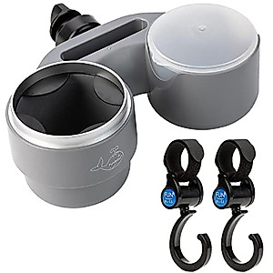 Funbliss 4 in 1 Stroller Cup Holder with Snacks Holder with Phone Holder,Deluxe Snack Pod Includes A Snack Catcher and Drink Holder,Free 2 Stroller Hooks,Grey