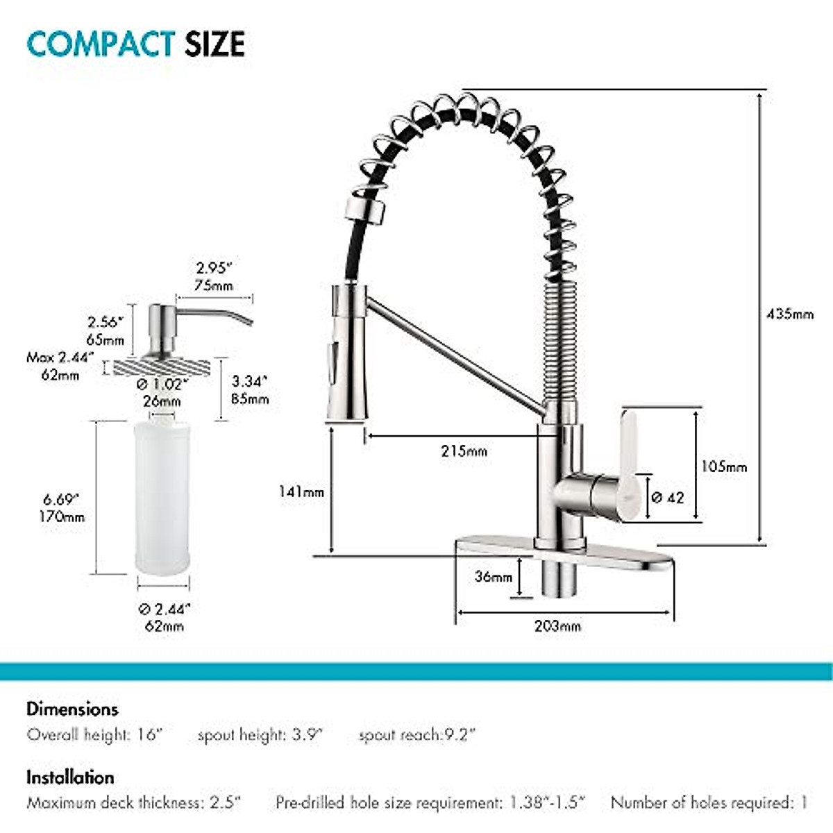 AMAZING FORCE Brushed Nickel Kitchen Faucet with Soap Dispenser Single Handle Kitchen Sink Faucet with Pull Down Sprayer Utility Sink Faucet Single Hole for Laundry Sink Stainless Steel Black Hose