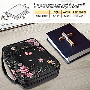 POJAGU Bible Cover, Carrying Bible Book Bag Church Case, Floral Pattern Bible Protective with Handle and Zippered Pocket for Men Women Girls, Black