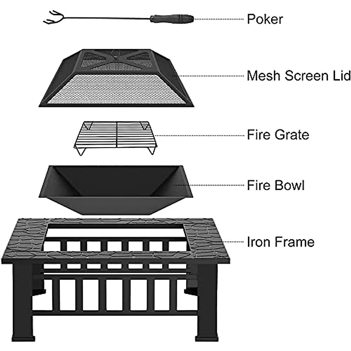 LEAYAN Garden Fire Pit Grill Bowl Grill Barbecue Rack 32In Outdoor Fire Pit Metal Square Firepit Patio Stove Wood Burning BBQ Grill Fire Pit Bowl with Spark Screen Cover, Poker