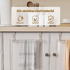 VEHHE Kitchen Towel Holder 2-Piece, 2 Hooks, EVA Foam Protective Mats, 9-Inch Stainless Steel Over The Door Towel Rack (Silver)