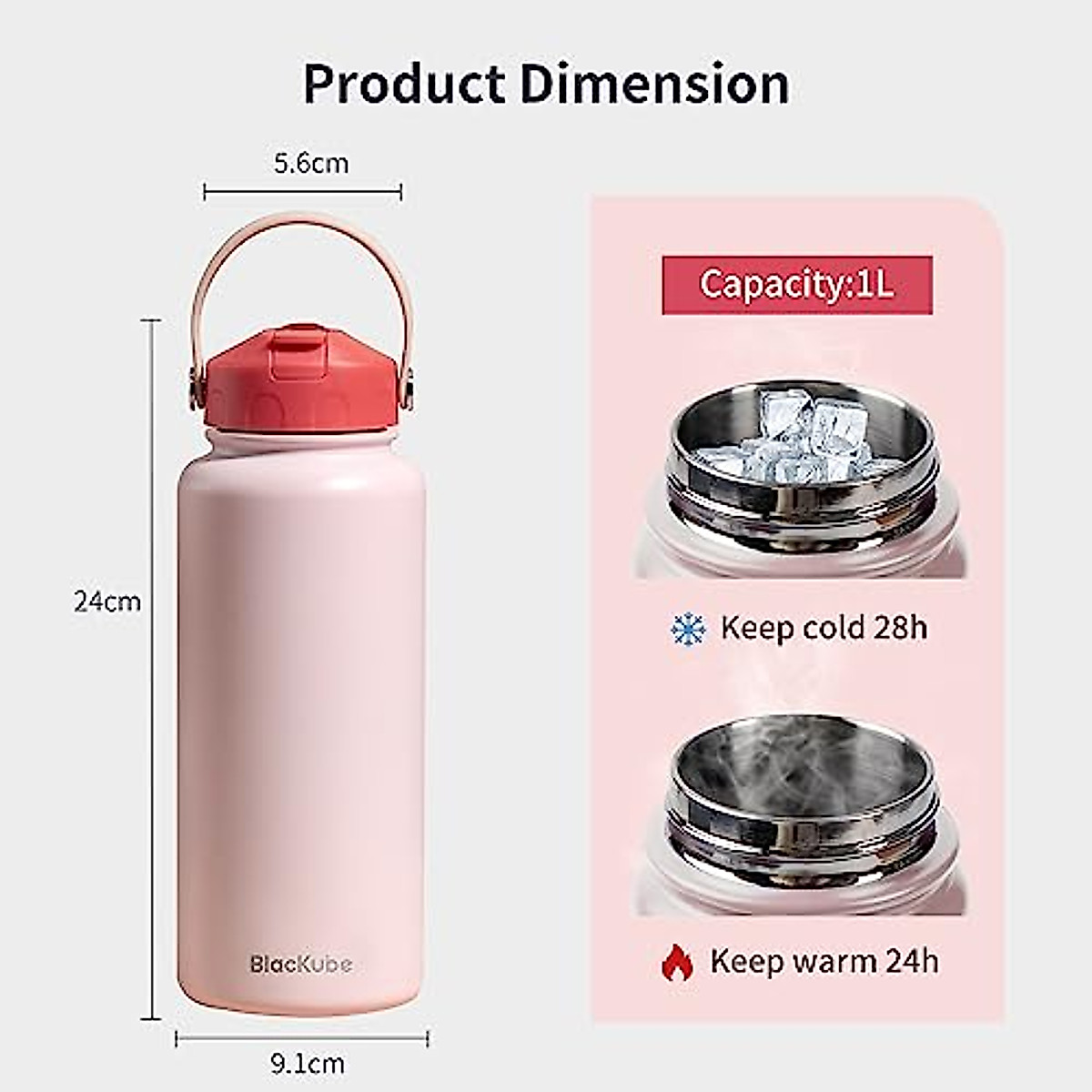 Blackube 32oz Insulated Water Bottle with Straw Lid, Stainless Steel Water Bottles Keeps Hot and Cold for School, Fitness, Outdoor and Camping-Pink