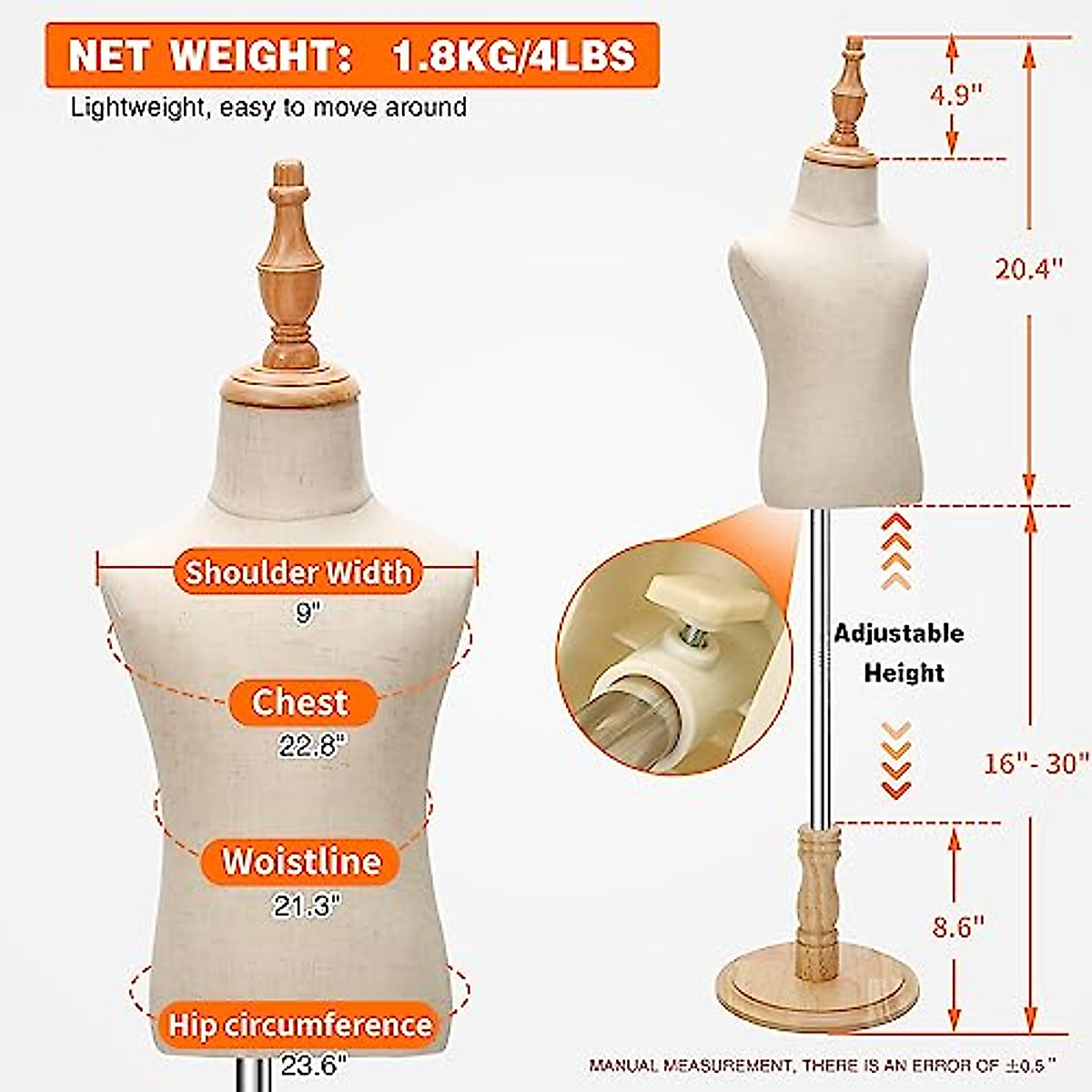 TaroKitc Child Mannequin Torso Kid Dress Form Adjustable Height Mannequin with Wooden Base for Sewing Dressmakers Photographing Dress Jewelry Display (Beige, 4-5 Years Old)