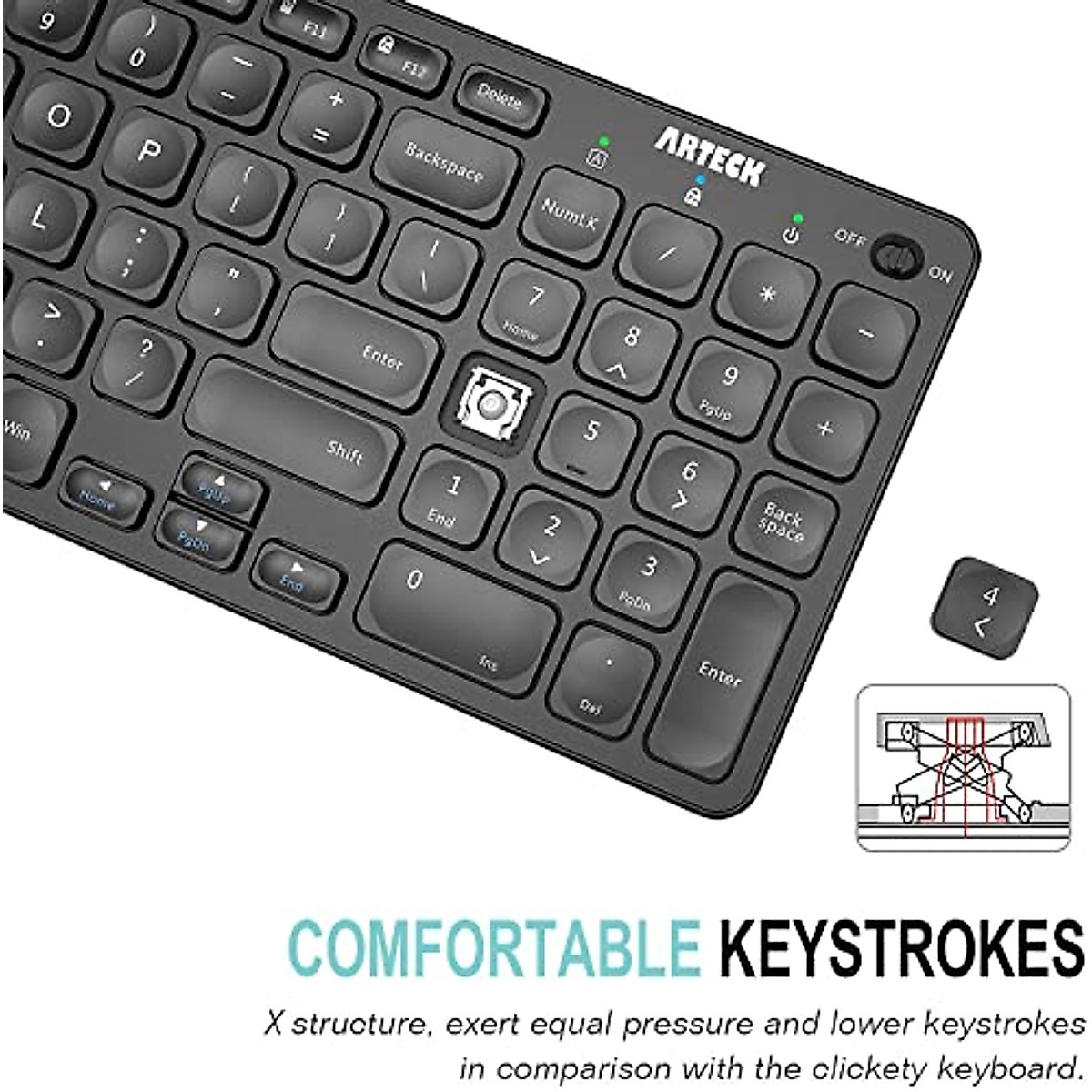 Arteck 2.4G Wireless Keyboard Ultra Slim Full Size Keyboard with Numeric Keypad and Media Hotkey for Computer/Desktop/PC/Laptop/Surface/Smart TV and Windows 10/8/ 7 Built-in Rechargeable Battery