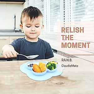 RAiN.B. CloudieMate Silicone Suction Plate with Built-in Placemat for Babies & Toddlers, Microwave Dishwasher Safe, Non-Slip Divided Plate with 4 Sections, BPA Free Food Grade Silicone /Glacier Blue