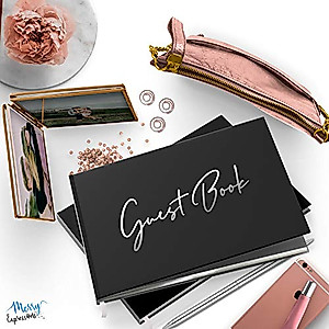 Merry Expressions Black Guest Book & Pen – 9"x7" Hardcover 100 Page/50 Sheets – Silver Foil Gilded Edges for Guests & Visitors to Sign at a Wedding, Funeral or Memorial, Party, Baby or Bridal Shower