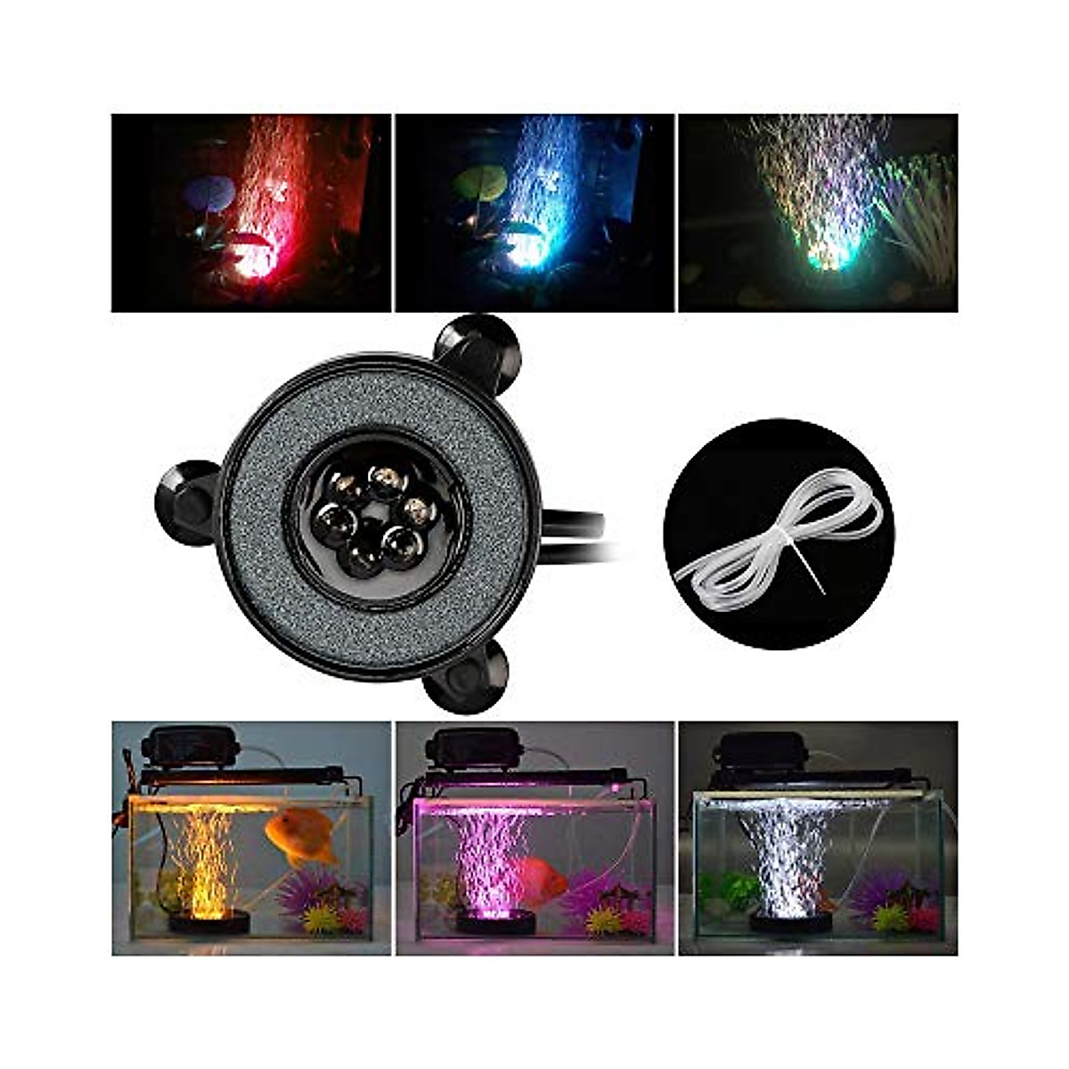 NICREW Multi-Colored LED Aquarium Bubbling Stone Disk, Round Fish Tank Bubbler with Auto Color Changing LEDs
