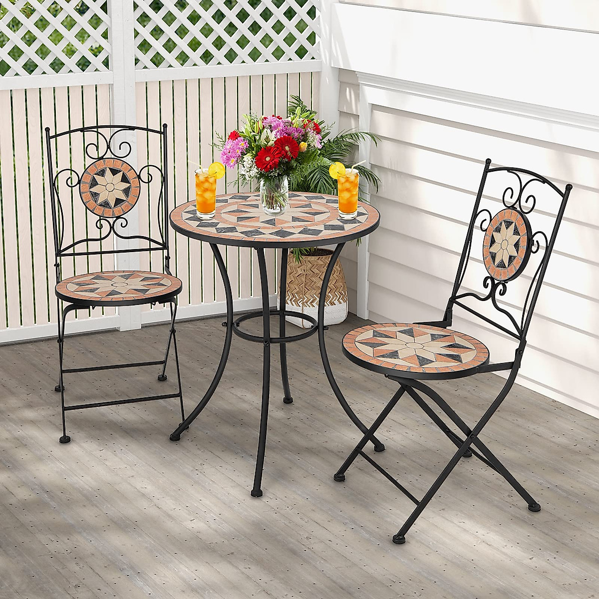 Tangkula 3 Pieces Patio Bistro Set, Outdoor Garden Furniture Set with Round Mosaic Coffee Table & 2 Folding Chairs, Portable Bistro Table & Chair Set for Balcony, Backyard, Poolside, Porch, Balcony