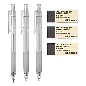 MUJI Polycarbonate Mechanical Pencil W - Rubber Grip, 3 Pcs & MUJI Eraser [Black - Small], 3 Pcs