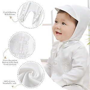 Booulfi Baby Boy Baptism Outfit Boys Christening Outfits Baby Boy Clothes 3-6 Months Newborn Boy Outfits Long Sleeves Baby Romper Hat BowTie 3 Pcs Baby Boy Clothing Set