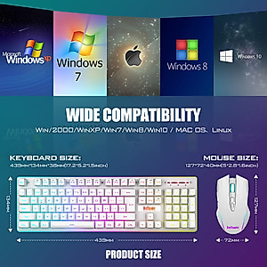 RedThunder K10 Wireless Gaming Keyboard and Mouse Combo, LED Backlit Rechargeable 3800mAh Battery, Mechanical Feel Anti-ghosting Keyboard + 7D 3200DPI Mice for PC Gamer (White)