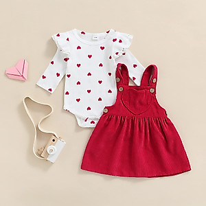 RSRZRCJ Newborn Baby Girl Valentines Day Outfit Long Sleeve Heart Print Bodysuit Romper Top Suspender Overall Skirt 2PCS Set (Ruffle White+Red, 12-18 Months)