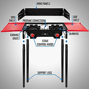 Hike Crew Cast Iron Double-Burner Outdoor Gas Stove | 150,000 BTU Portable Propane-Powered Cooktop with Removable Legs, Temperature Control Knobs, Wind Panels, Hose, Regulator & Storage Carry Case