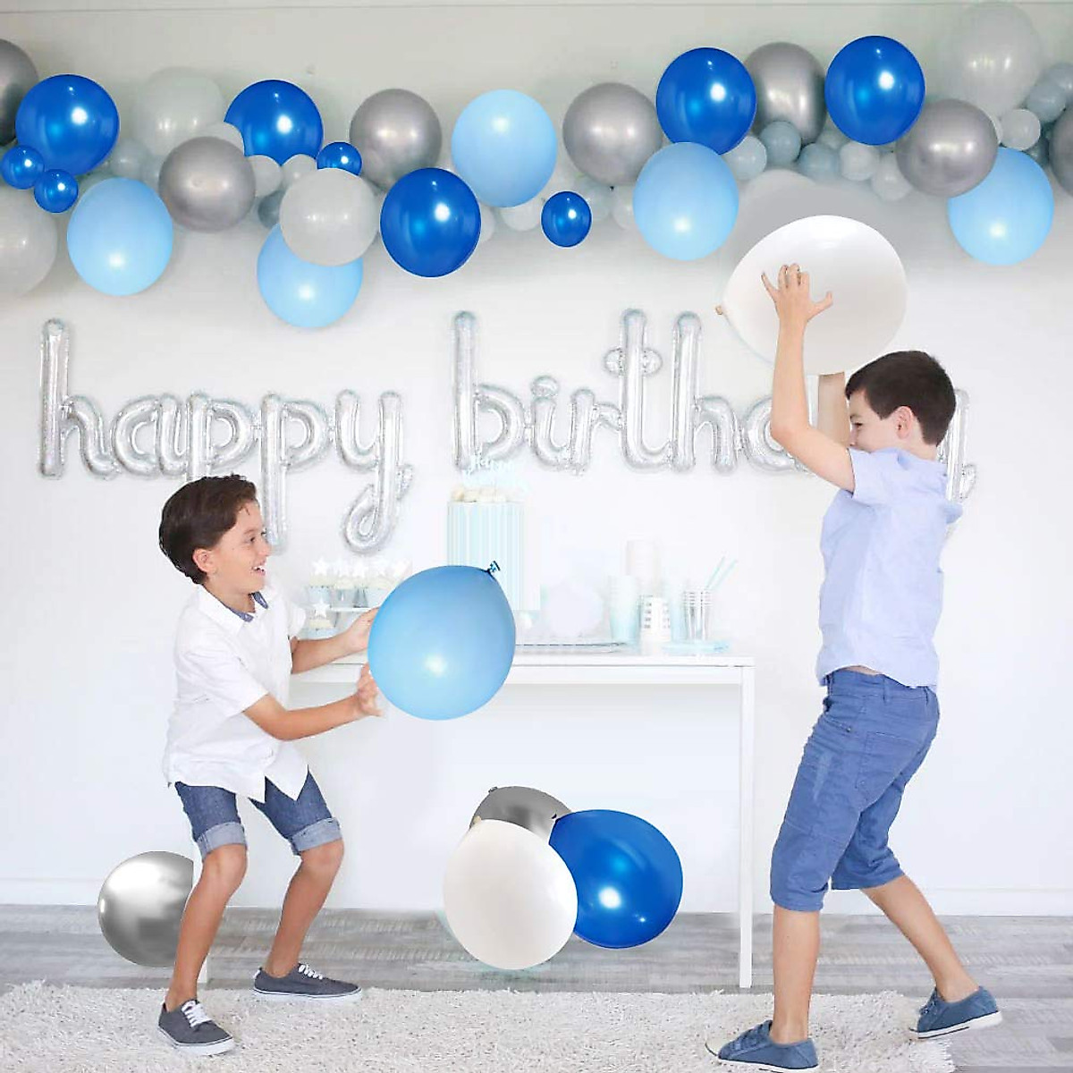 Blue Silver White Latex Balloons, 50pcs 12 inch Royal Blue and Silver Metallic Balloons for Birthday Wedding Party Decoration