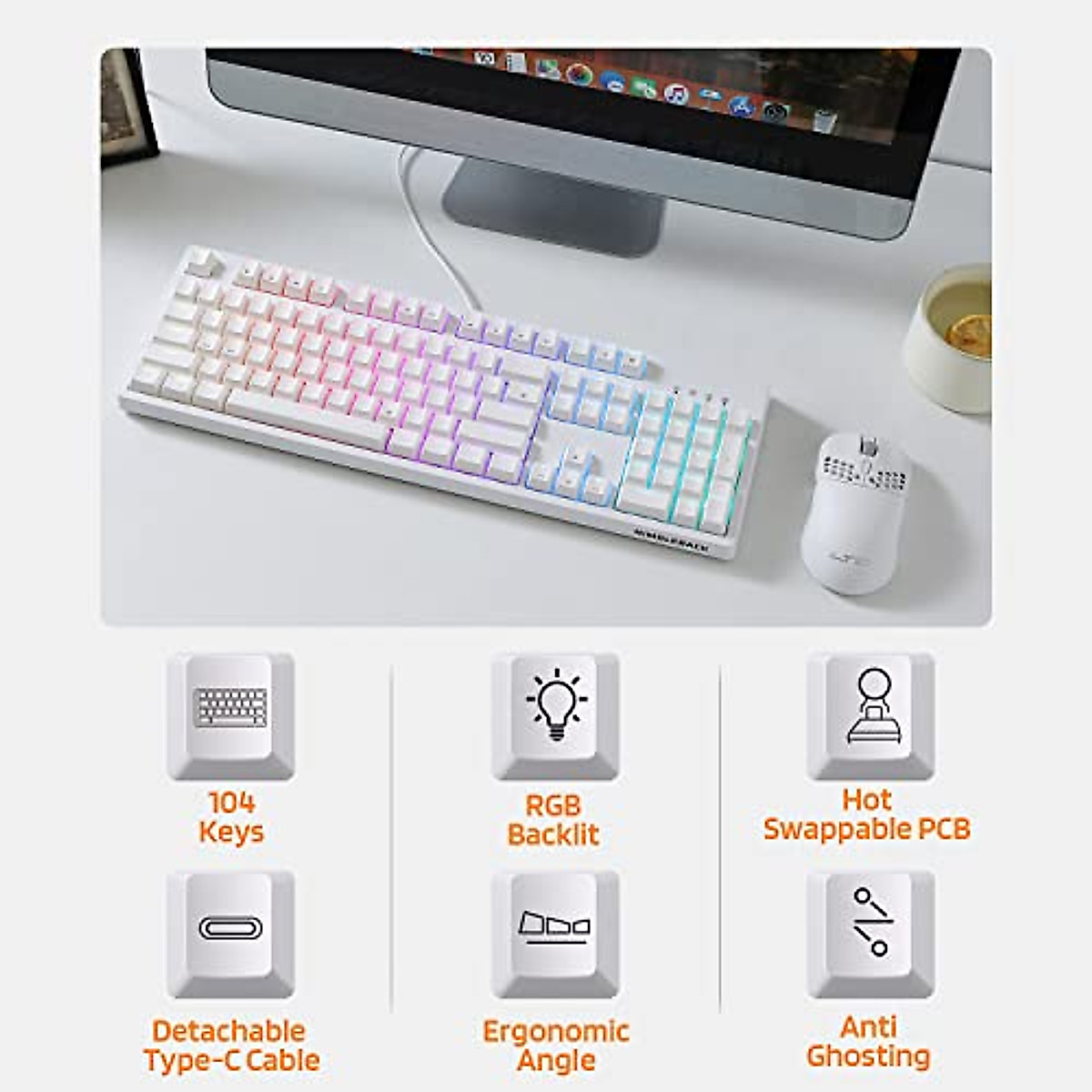 LTC NB1041 Nimbleback Wired Mechanical Keyboard, Hot-Swappable 104Keys RGB Backlit Gaming Keyboard, Red Switch/White