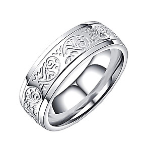 OAKKY 7MM Unisex Stainless Steel Couples Ring Silver Tone with Engraved Florentine Design Engagement Wedding Band Comfort Fit Size 6