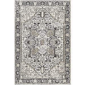 Hauteloom Cabacungan Traditional Persian Medallion Living Room Bedroom Area Rug - Machine Washable Distressed Carpet - Bohemian Oriental - Easy to Clean - Black, Grey, Beige - 9'3" x 12'