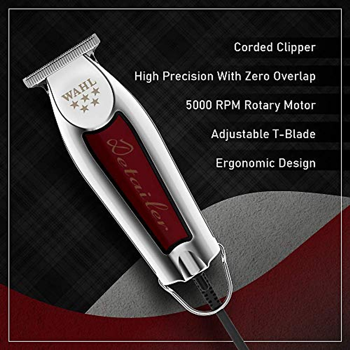 Wahl Professional 5-Star Detailer with Adjustable T Blade for Extremely Close Trimming and Clean and Crisp Lines for Professional Barbers and Stylists - Model 808, Silver, 1 Count (Pack of 1)