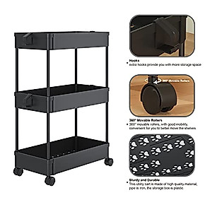 Boeeoan 3 Tier Rolling Utility Storage Cart, Mobile Shelving Organizer with Hooks for Kitchen Bathroom Laundry Room Living Room, Black