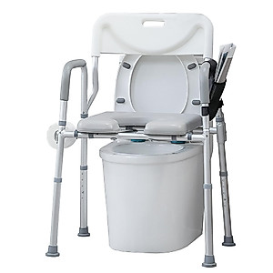 ELENKER 4-in-1 Raised Toilet Seat with Armrests and Backrest, Bedside Commode Chair, Adjustable Toilet Safety Frame, Shower Chair with Padded Seat, Grey