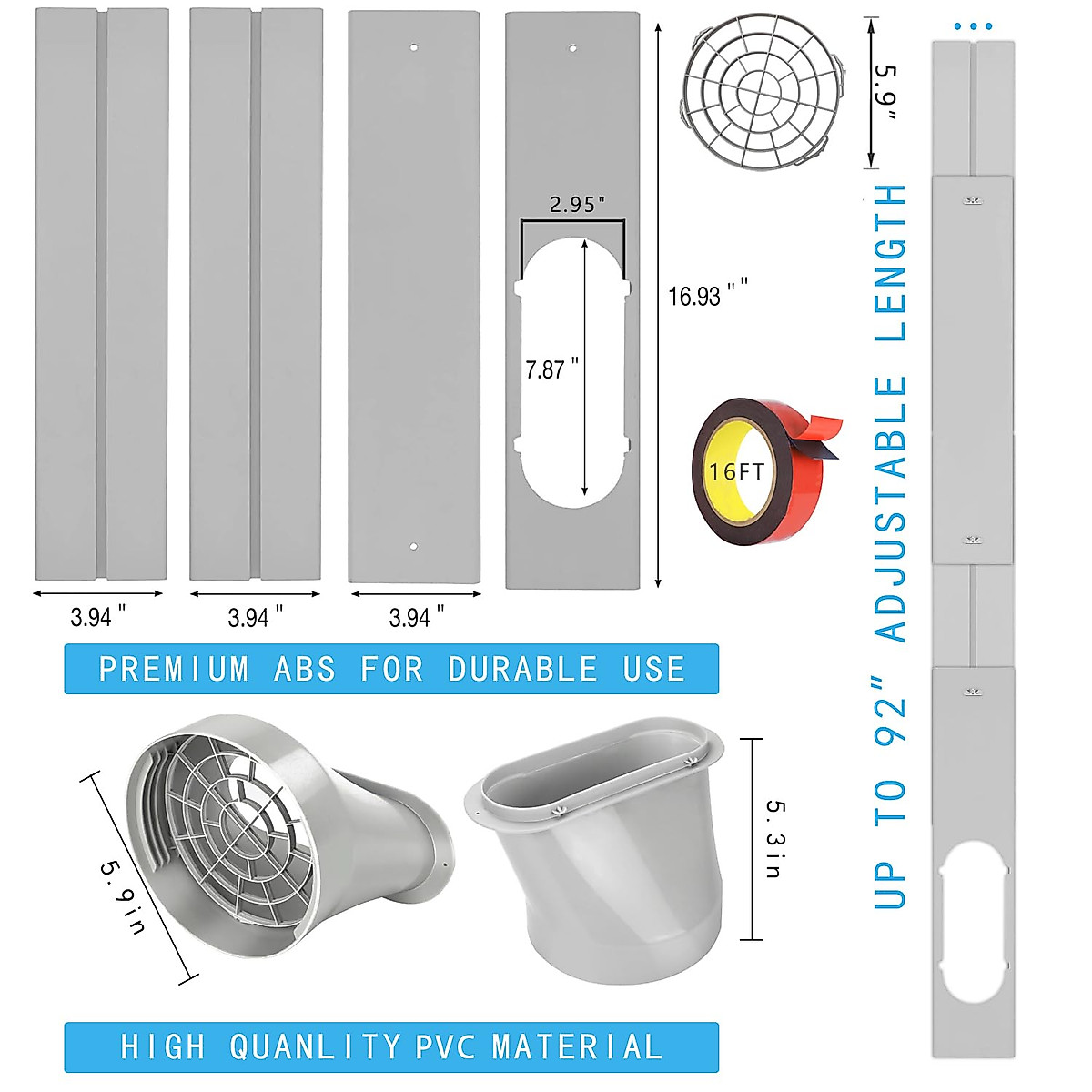 Portable AC Window Vent Kit, Adjustable Vertical/Horizontal Sliding Window Kit Plate for AC Unit, AC Window Vent Kit, AC Window Seal With 5.9 Inch Diameter, 59 Inch Length Exhaust Hose