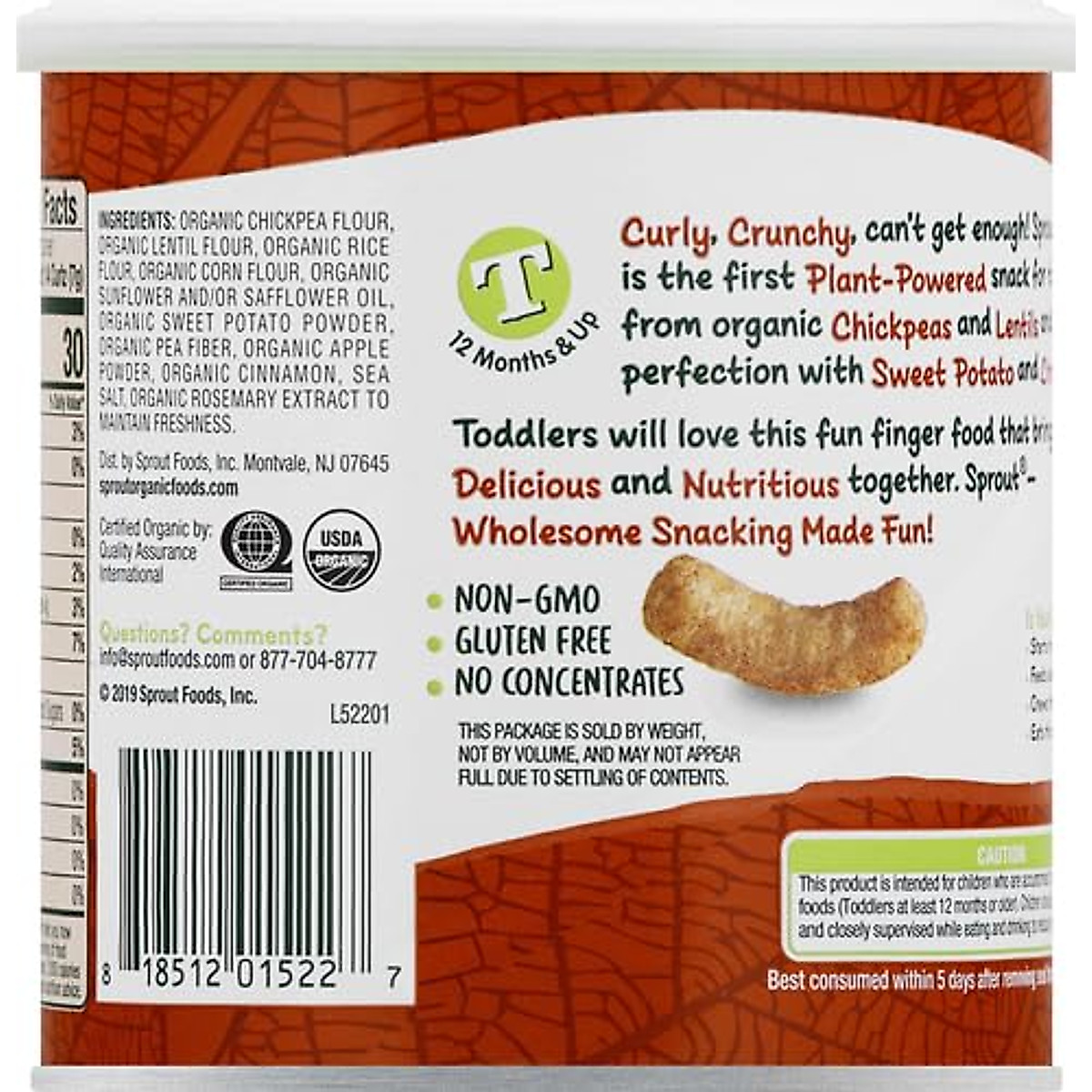 Sprout Organic Curlz Toddler Snacks Sweet Potato & Cinnamon, 1.48 Oz Can