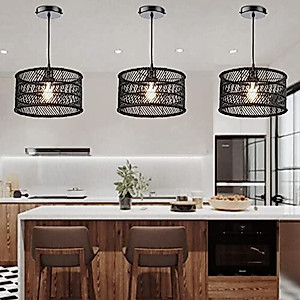 HOONEX Rattan Chandelier, Rattan Light Fixture Ceiling, 12.4" Wicker Pendant Light for Dining Room Bedroom Kitchen Island, Black