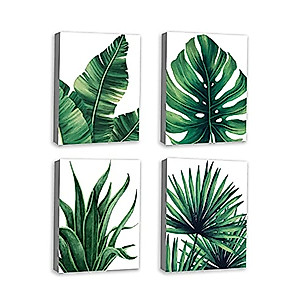 Botanical Prints Wall Art for Bathrooms Canvas Green Leaf Framed Green Plant Wall Art Pictures (12" x 16") Posters Fall Pictures Boho Sage Green Leaf for Bathrooms, 4 Pieces Tropical Plants Pictures Minimalist Greenery Watercolor Painting, Palm Banana Mon