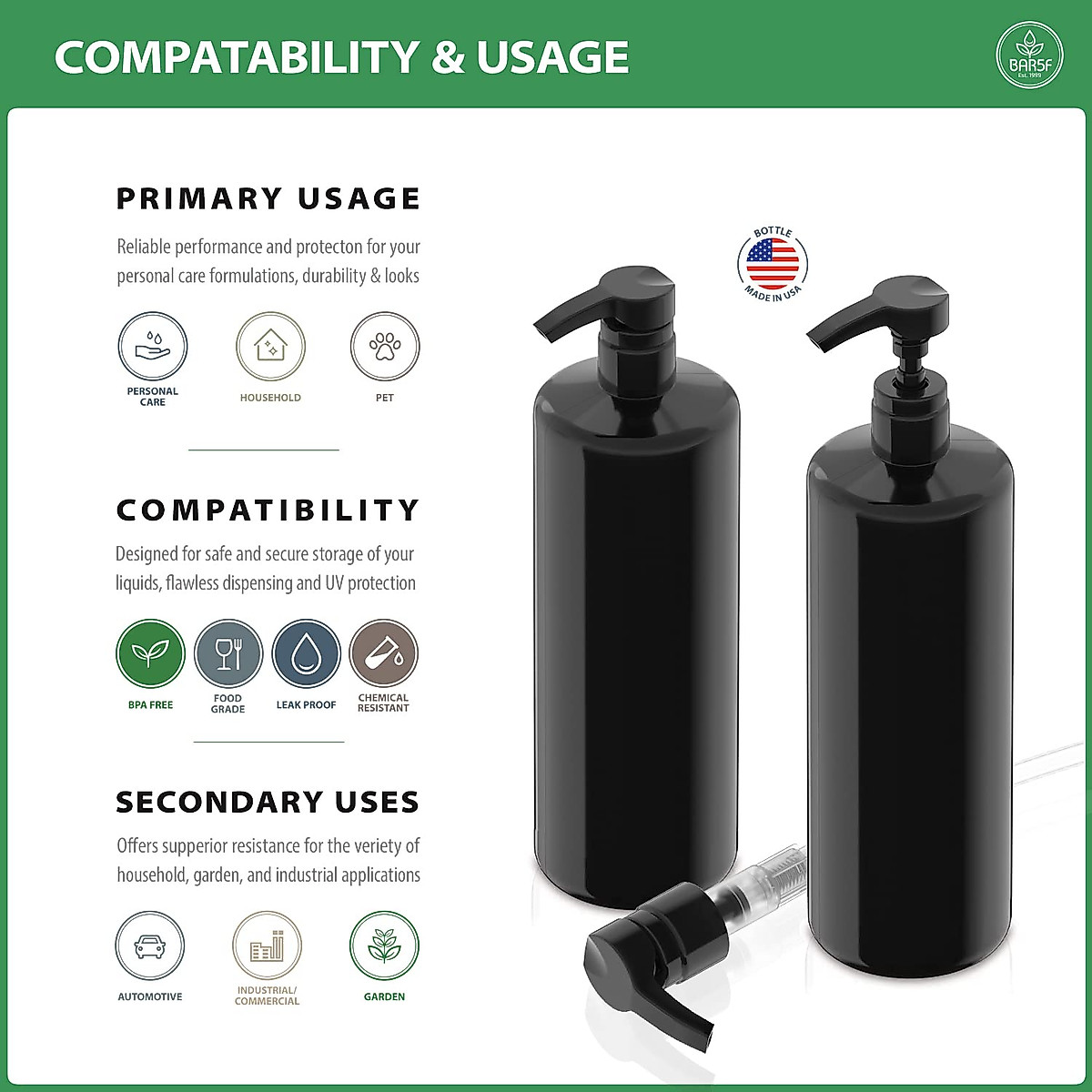 Bar5F Empty Shampoo Bottle with Pump, Black, 33.8 Ounce (1 Liter), Pack of 2