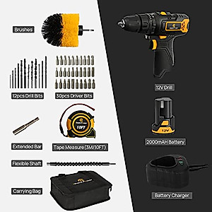 C P CHANTPOWER Cordless Hammer Drill, 12V Impact Drill Set with Dual-Speed, 21+1+1 Torque Settings, 3/8’’ Keyless Chuck, 45pcs Accessories Bits, Fast Charger with Tool Bag