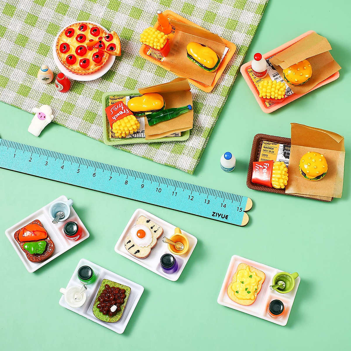 50 Pieces Dollhouse Miniature Fast Food Accessories Set Mixed Resin Food Drink Mini Hamburger Fries Juice Milk Bread Jam Cup Doll Kitchen Pretend Play Food for 1:12 Dollhouse and Cake Toppers Decor