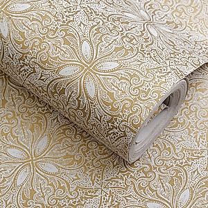 Self Adhesive Vintage Gold Floral Wallpaper Shelf Liner Dresser Drawers Cabinet Sticker 17.7 x 196 Inches