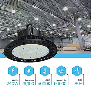 240W UFO LED High Bay Light for Warehouses, Gyms, C-Stores, 27000 Lumens, 5700K, Black, UL DLC Listed